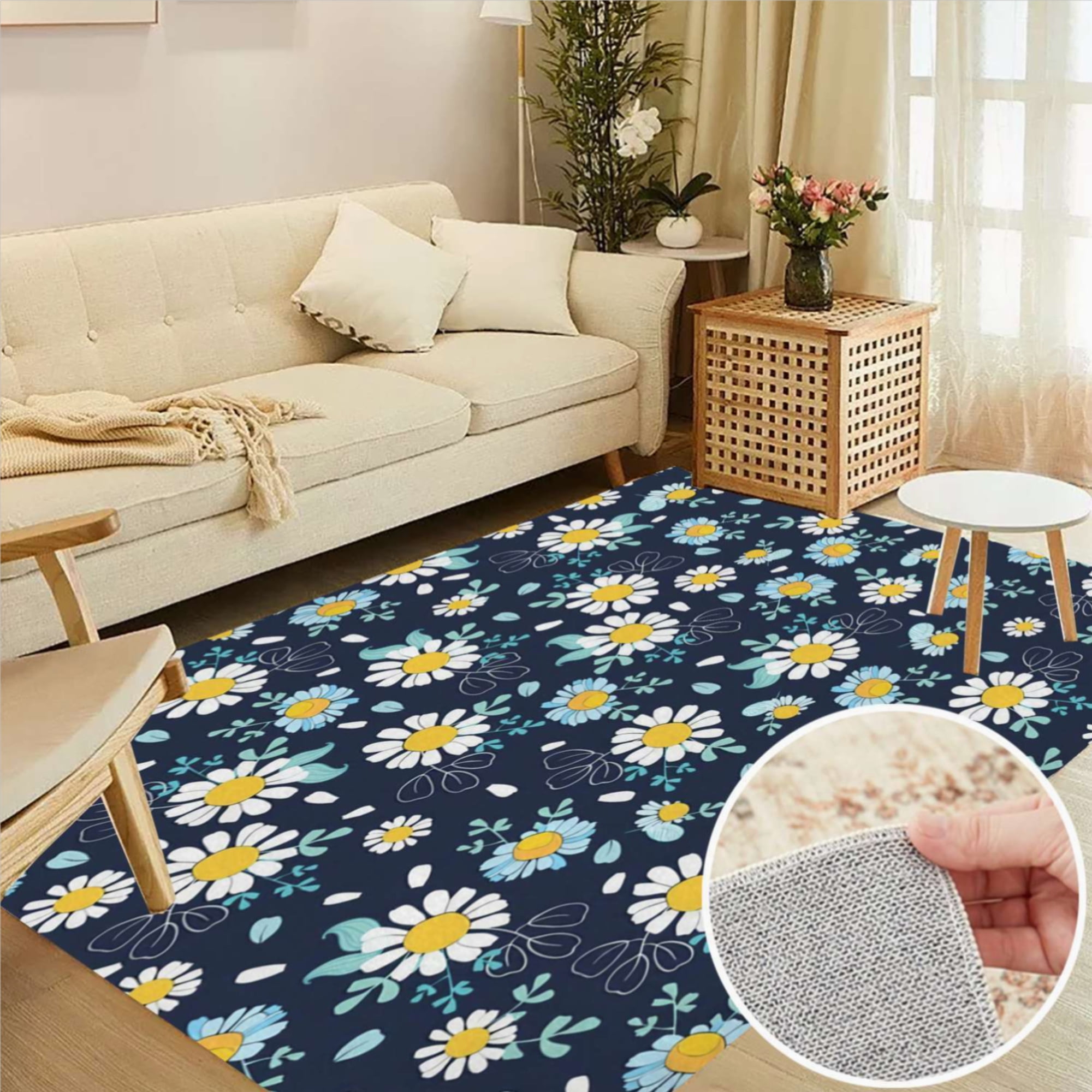 Black White Daisies Ditsy Soft Large Area Rugs Washable Rug With Non ...