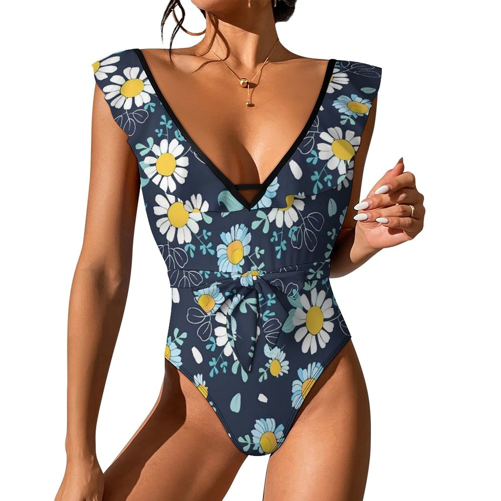 Black White Daisies Ditsy Swimsuit Sets Women's Swimwear Summer One ...