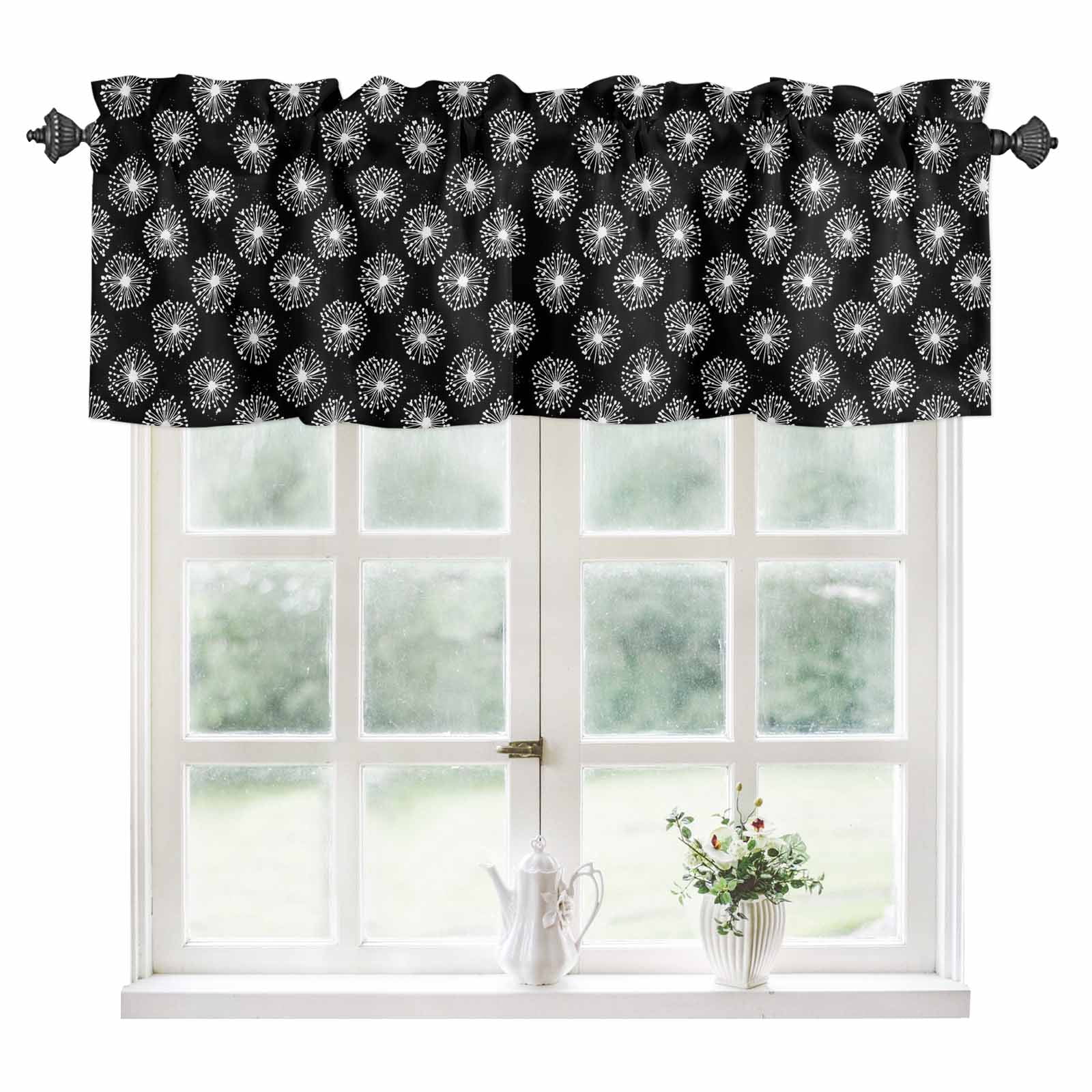 Black White Dandelion Kitchen Valances for Windows 42x12 Inch Kitchen ...