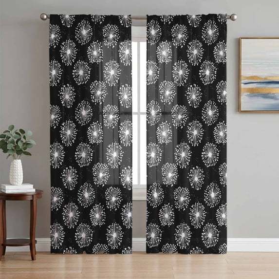 Black White Dandelion Semi Sheer Curtains 84 Inch Length 2 Panels Set ...