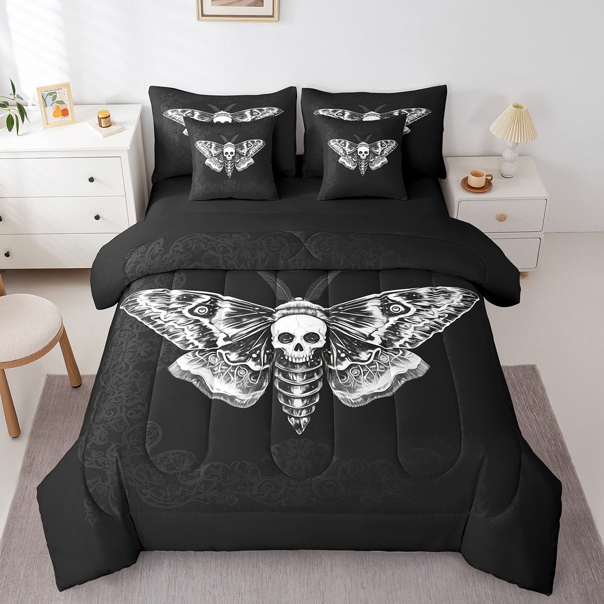 Black White Death Moth Bed in a Bag 7 Pcs Full Sugar Skull Print ...