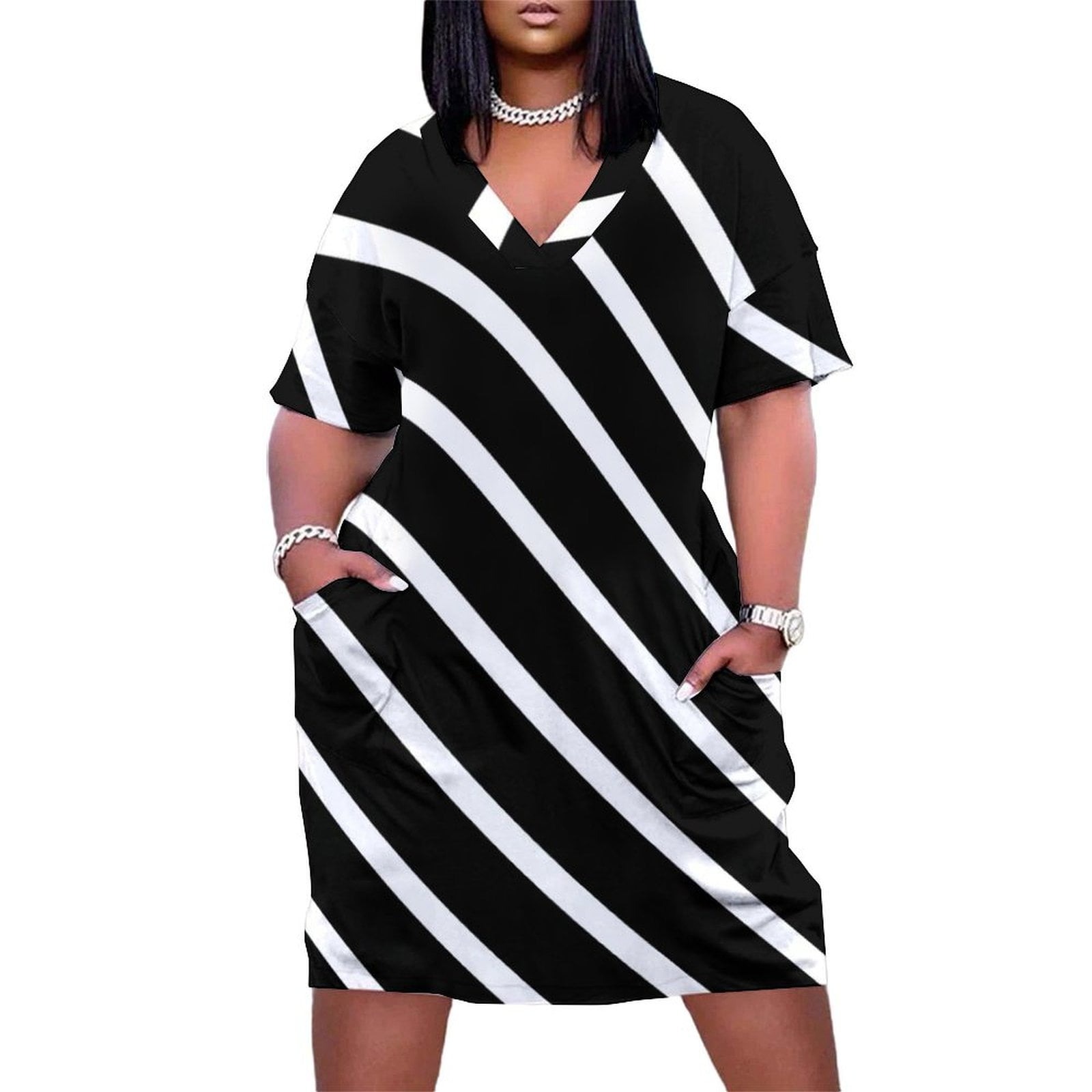 Black & White Diagonal Stripes Loose Pocket Dress Women's dresses women ...