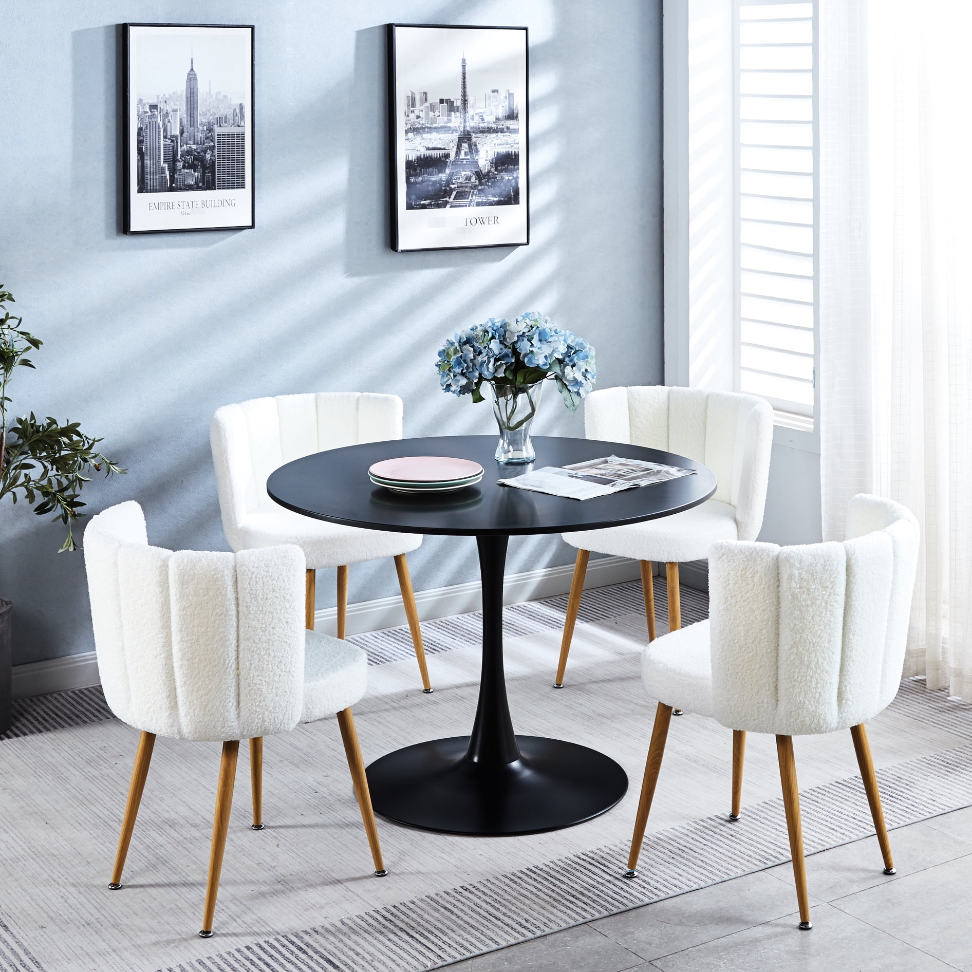 Black And White Dining : 1+4 Pieces Table And Chair With Metal Legs, Perfect For Kitchen Coffee ...