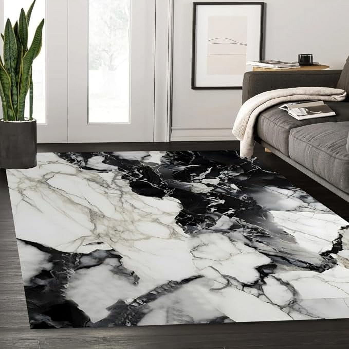 Black And White Distressed Marble Texture Modern Abstract Rug For ...