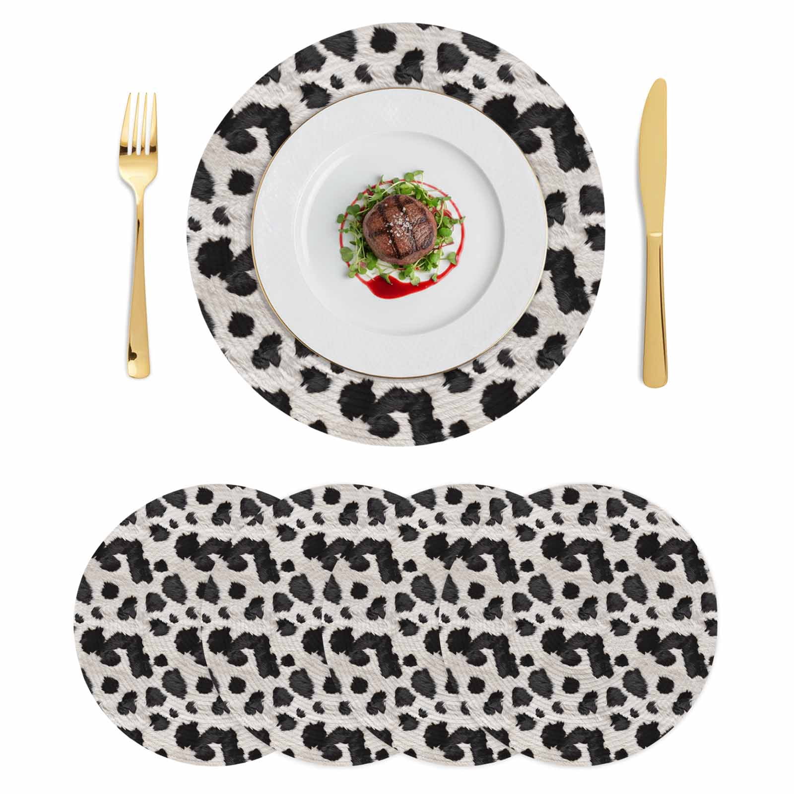Black White Dots Round 15 Inch Placemats Set of 4, Farmhouse Cow Spots ...