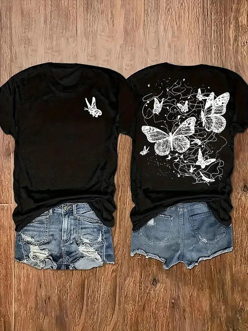 Black & White Double Sided Butterfly Print Women Short Sleeve Casual ...