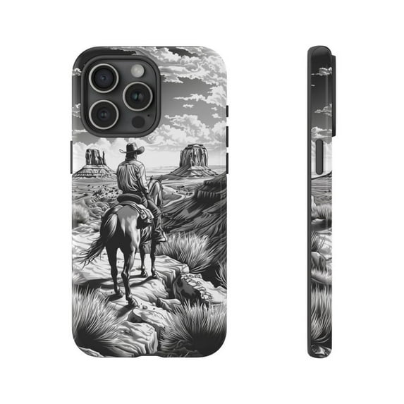 Black & White Drawing of a Cowboy & Horse in the Desert Case for iPhone ...
