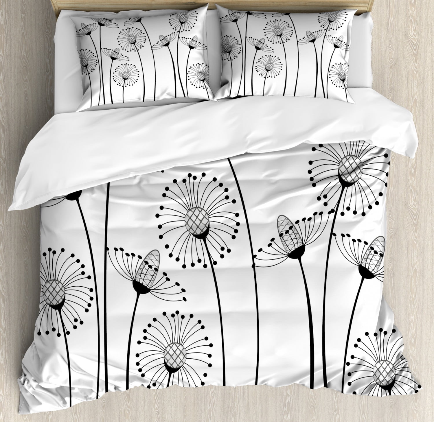 Black and White Duvet Cover Set King Size, Meadow Flowers with Stylized ...
