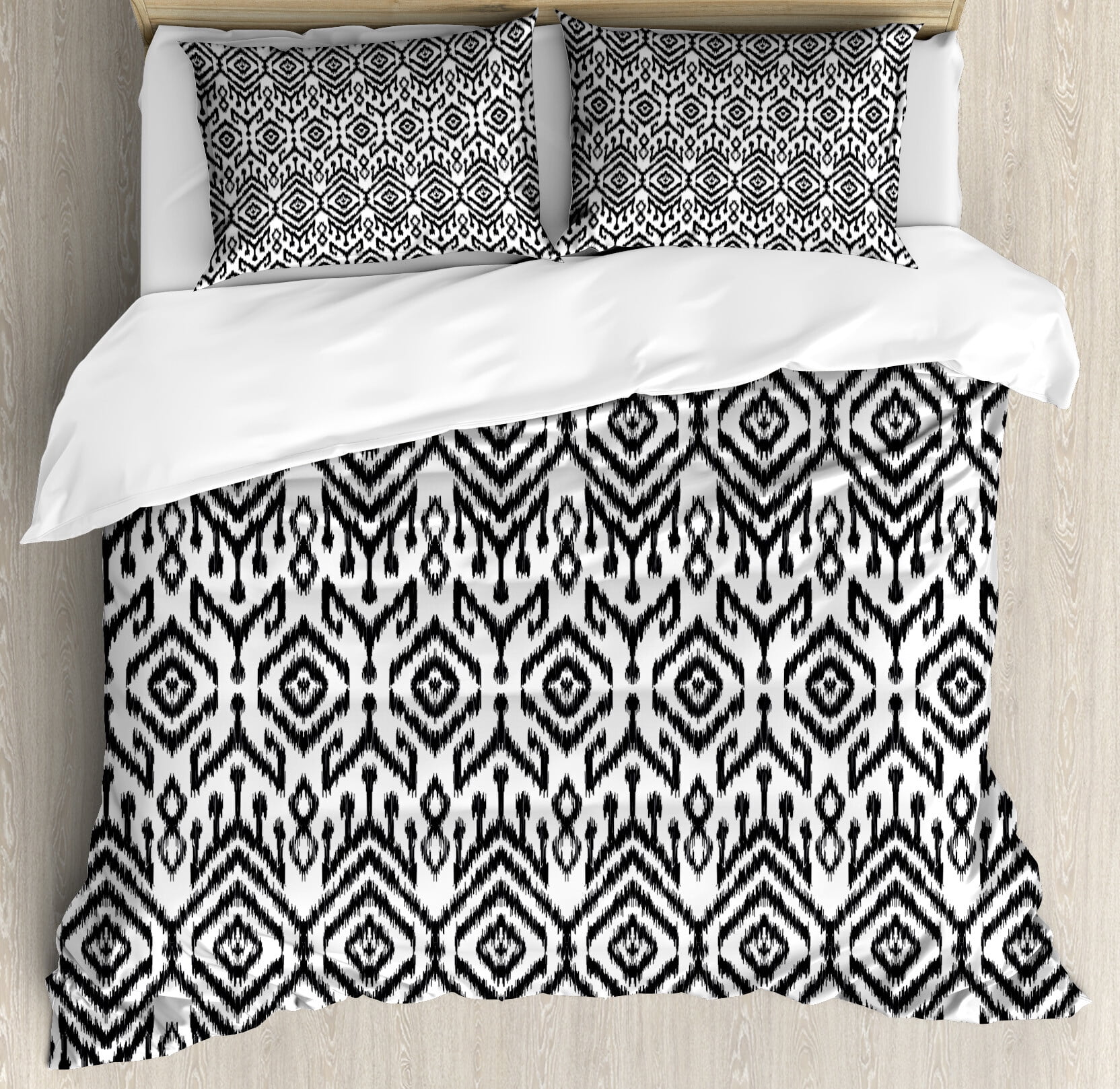 Black and White Duvet Cover Set, Monochrome Ikat Pattern Bohemian ...