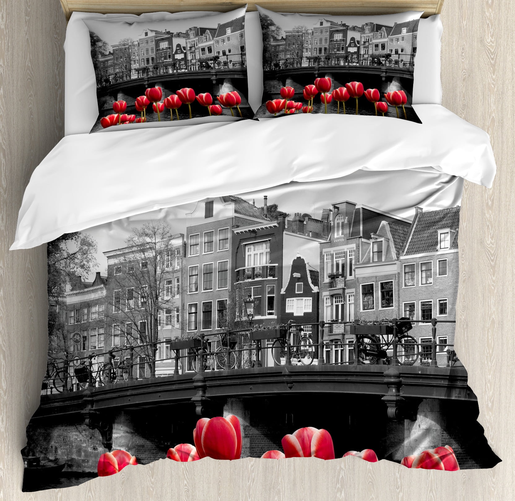 Black and White Duvet Cover Set, Monochrome Photo of Amsterdam Canal ...