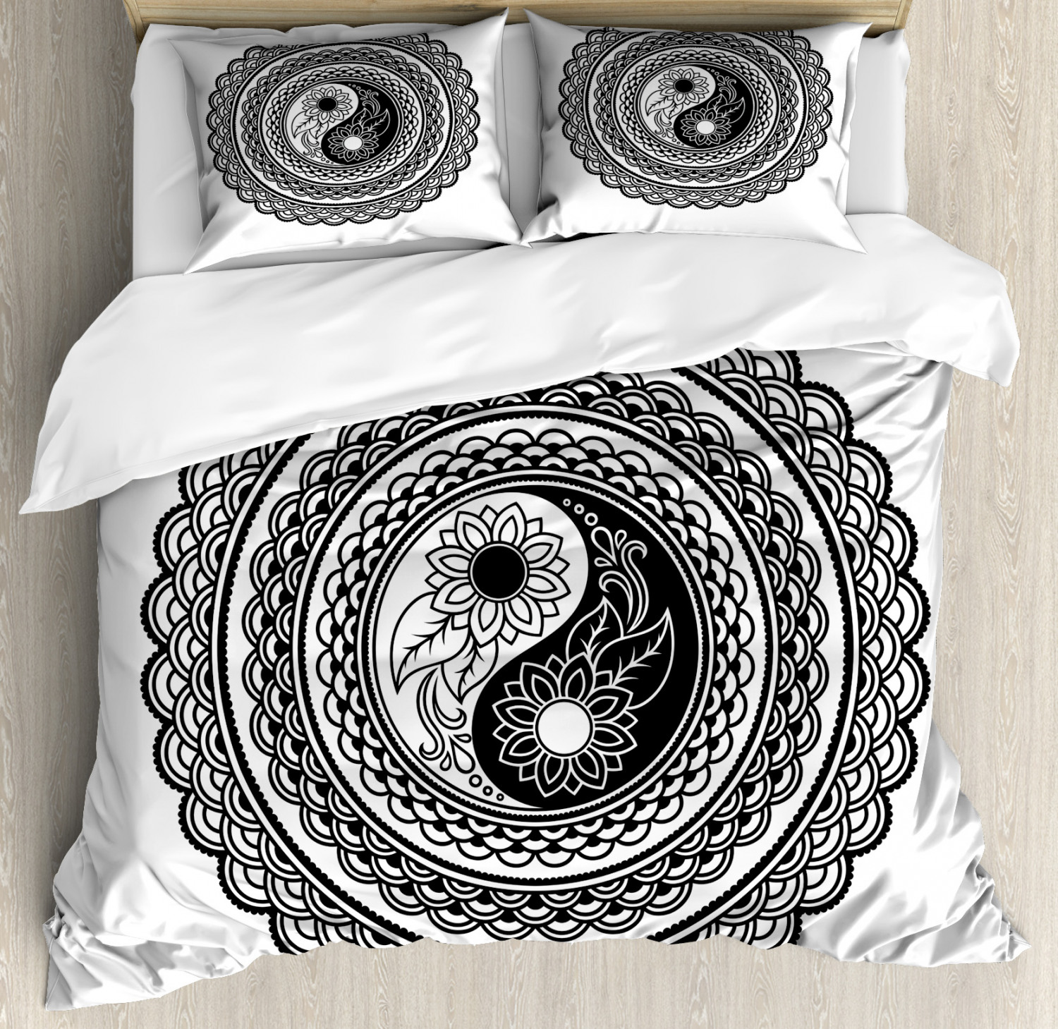 Black and White Duvet Cover Set Queen Size, Asian Yin Yang Symbol with ...