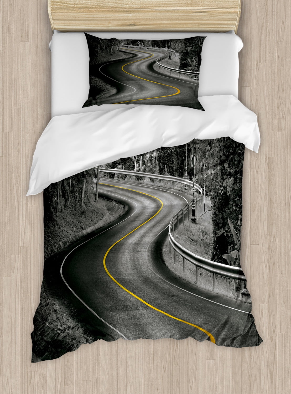 Black and White Duvet Cover Set Twin Size, Curvy Asphalt Road with ...