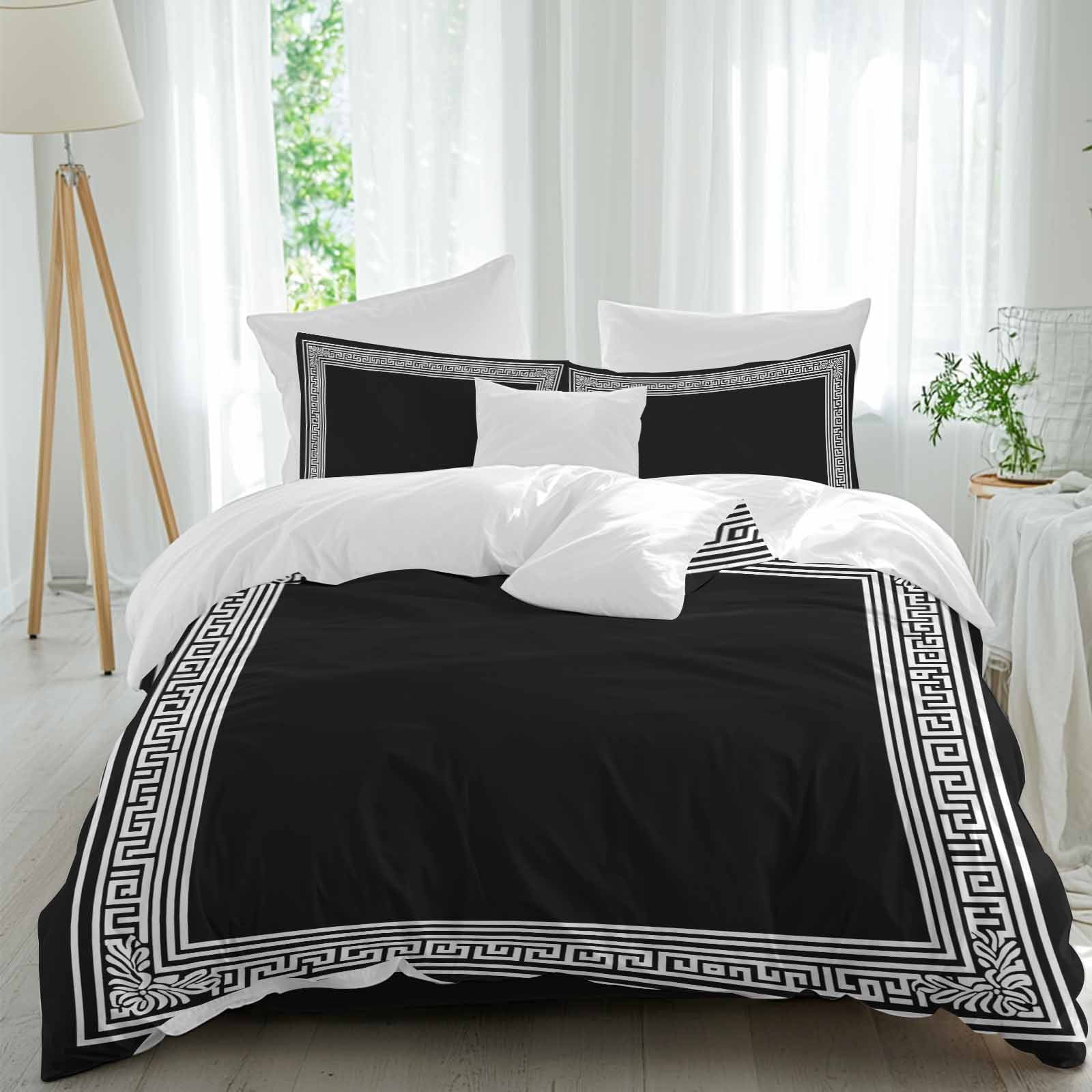 Black White Duvet Cover Set Twin Size, Geometric Greek Key Bordered ...