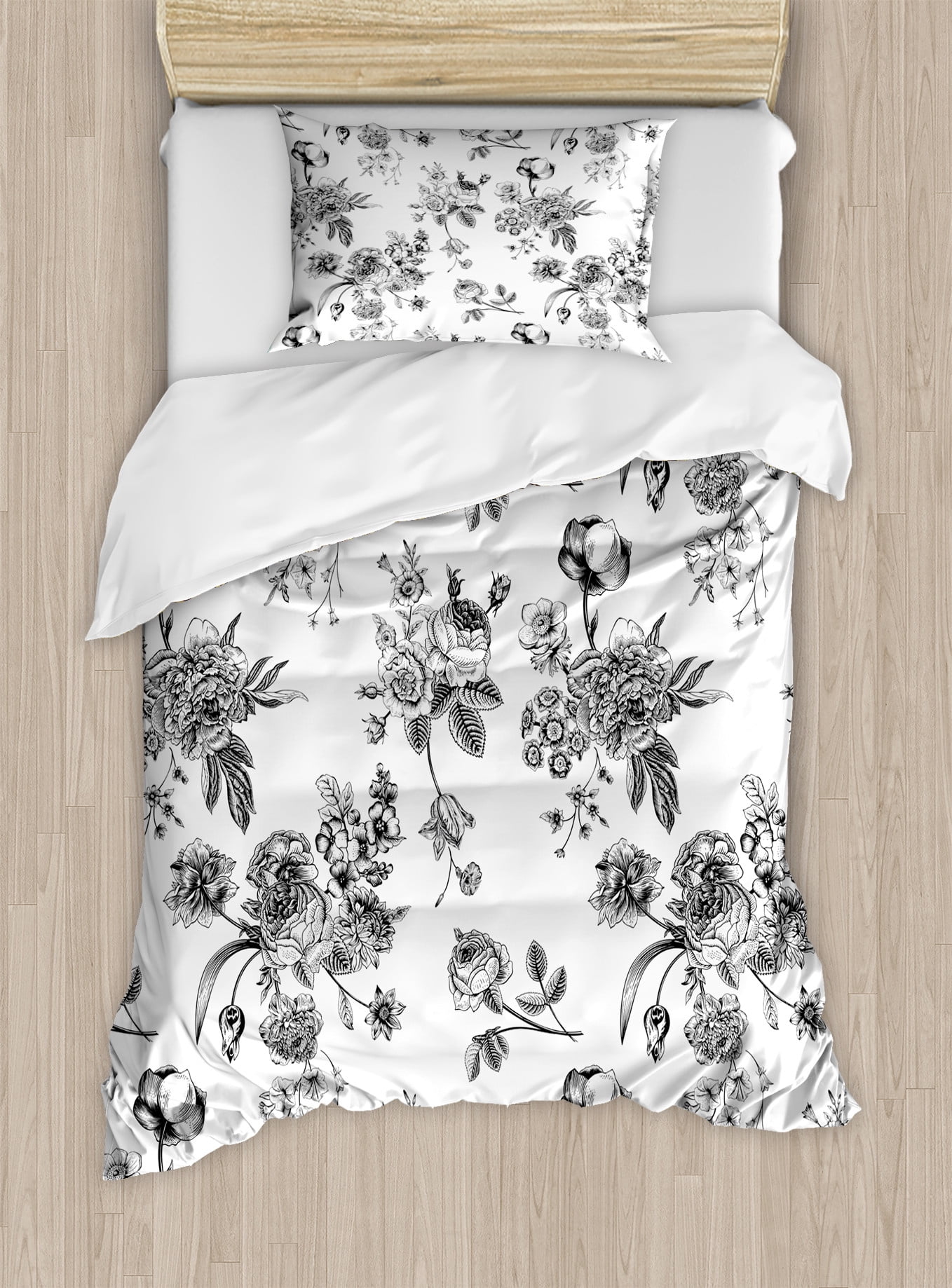 Black and White Duvet Cover Set, Vintage Floral Pattern Victorian ...