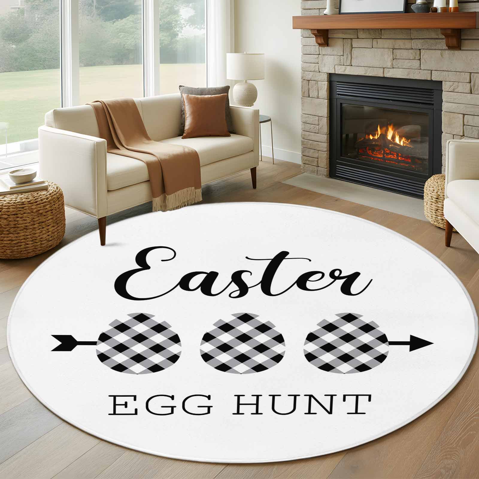 Black White Easter Round Rug 5ft Washable Circle Kitchen Rugs Non Slip ...