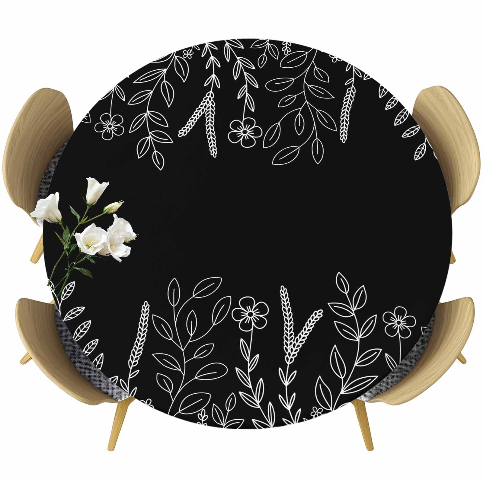 Black White Fall Round Tablecloth, Fitted Table Cover with Elastic for ...