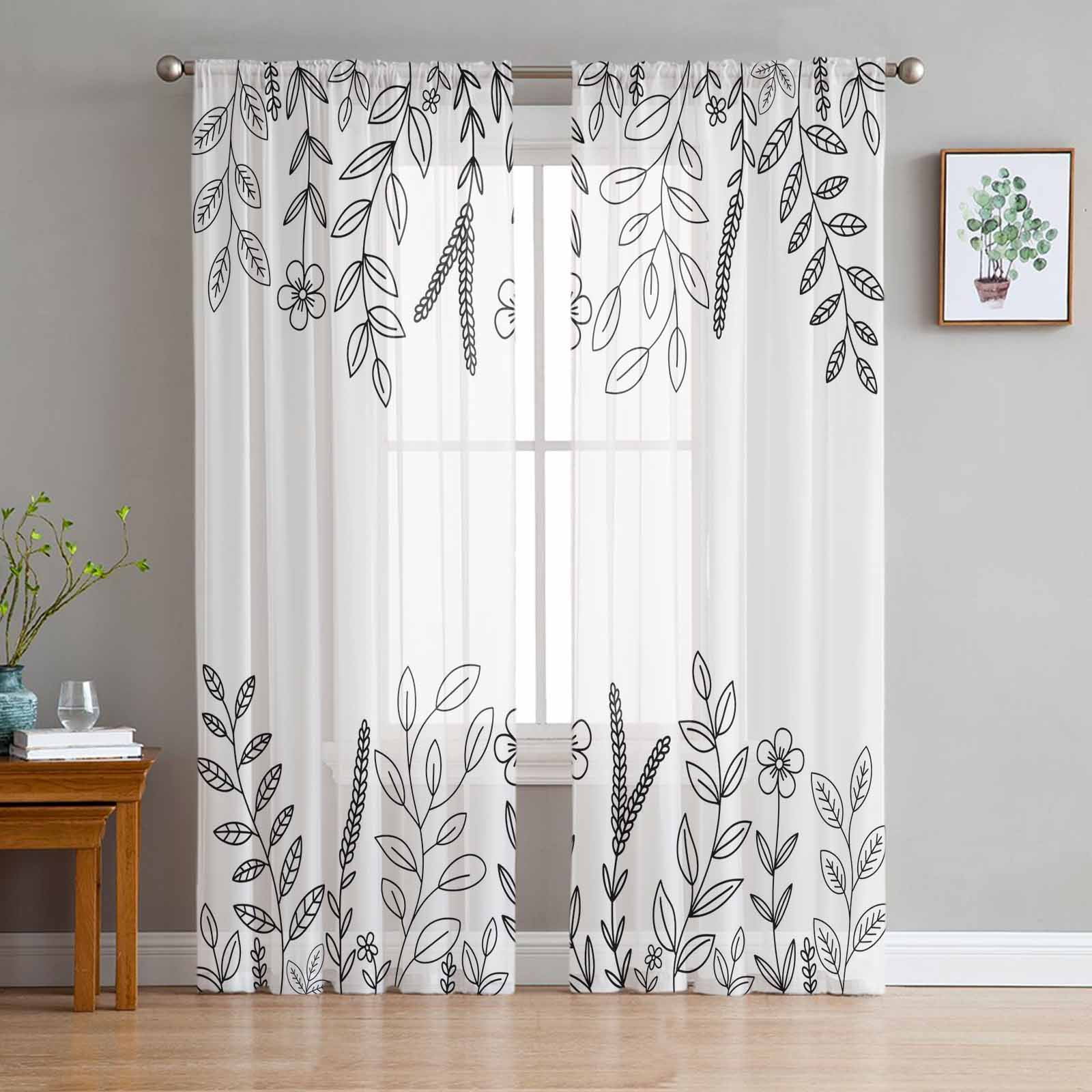 Black White Fall Sheer Curtains 96 Inches Long 2 Panels Set, Window ...