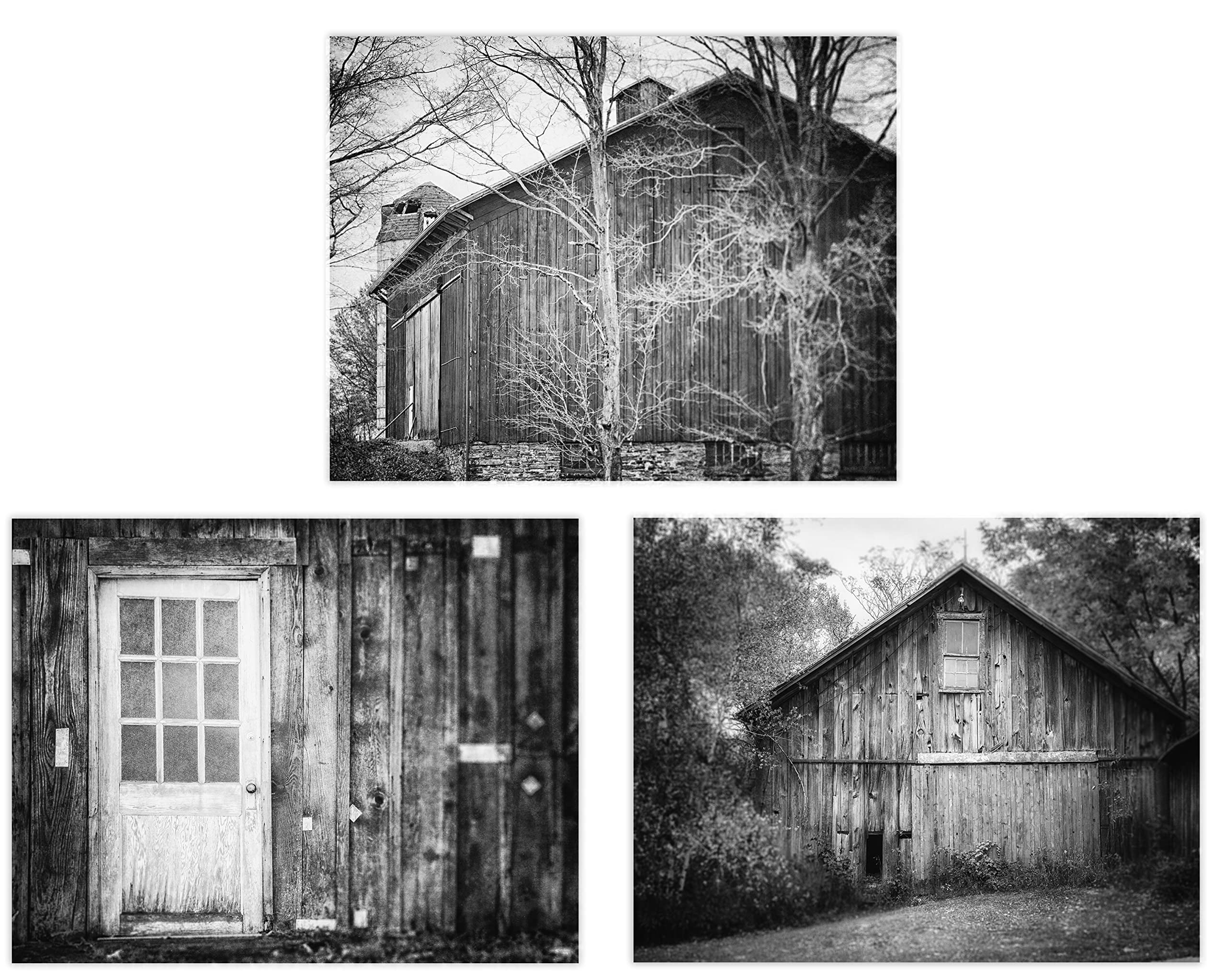 Black White Farmhouse Decor Set of 3 Prints, Rustic Barn Landscapes ...