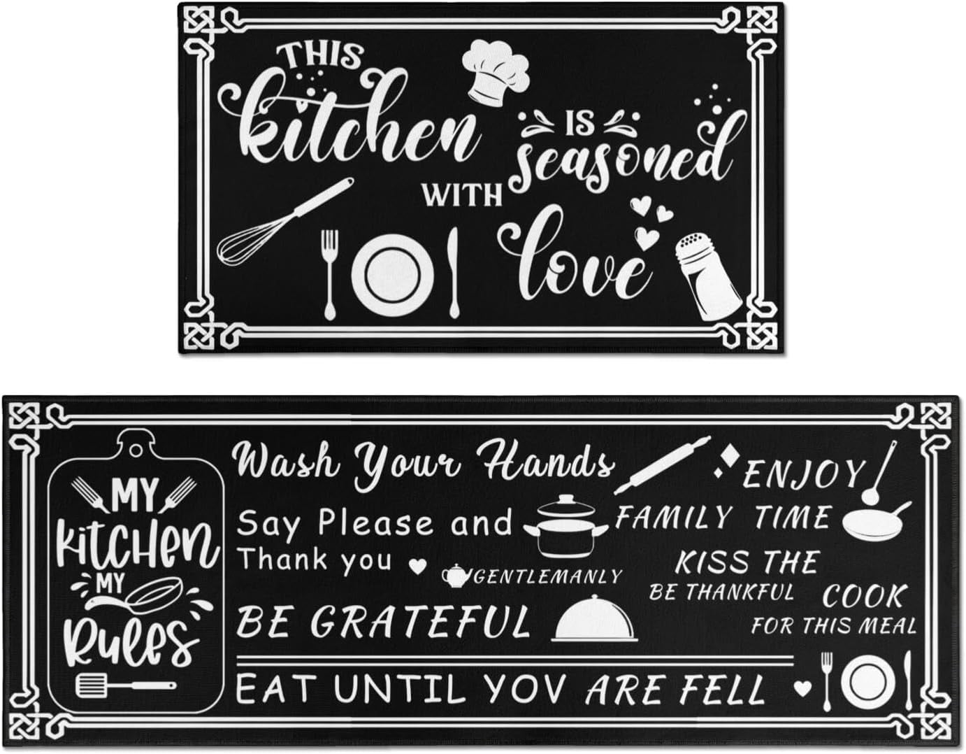 Black and White Farmhouse Kitchen Rugs Sets of 2, Kitchen Rules ...