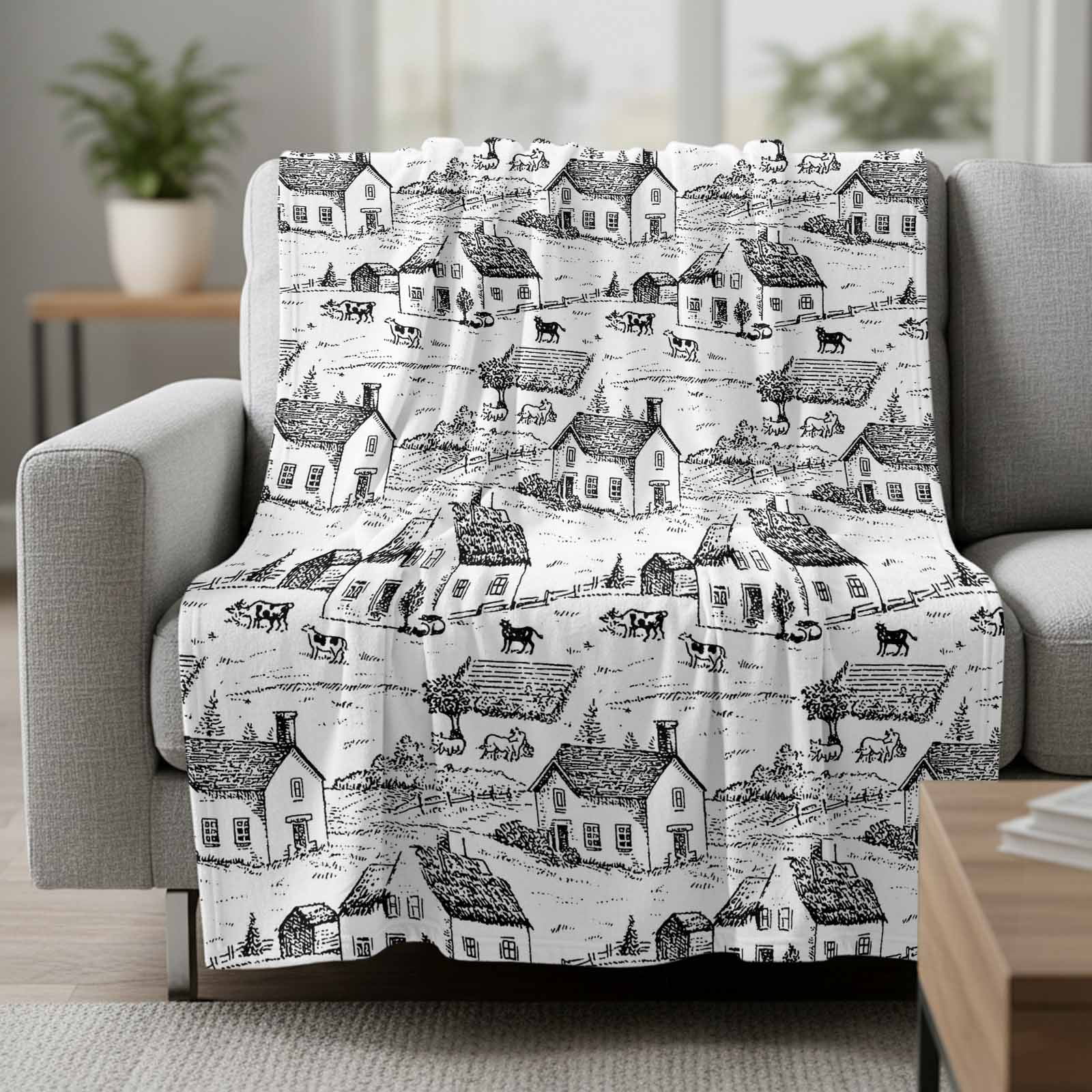 Black White Farmhouses Fleece Throw Blanket Vintage Houses Cows Sheep ...