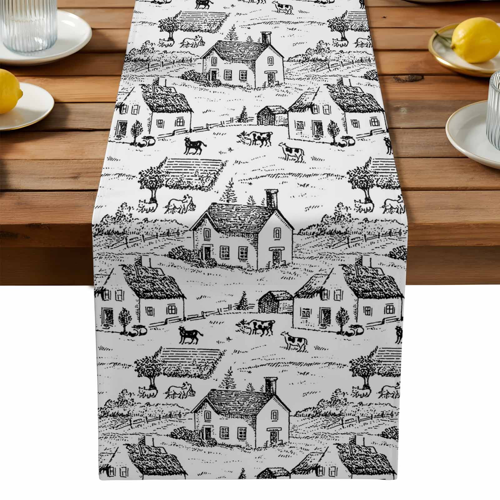 Black White Farmhouses Table Runner, Vintage Houses Cows Sheep Horse ...