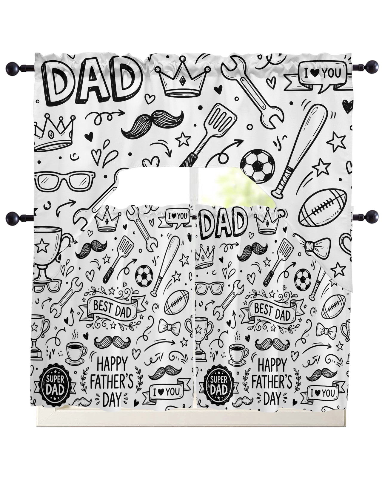 Black White Father's Day Kitchen Curtains Set for Windows 3 Piece Cafe ...
