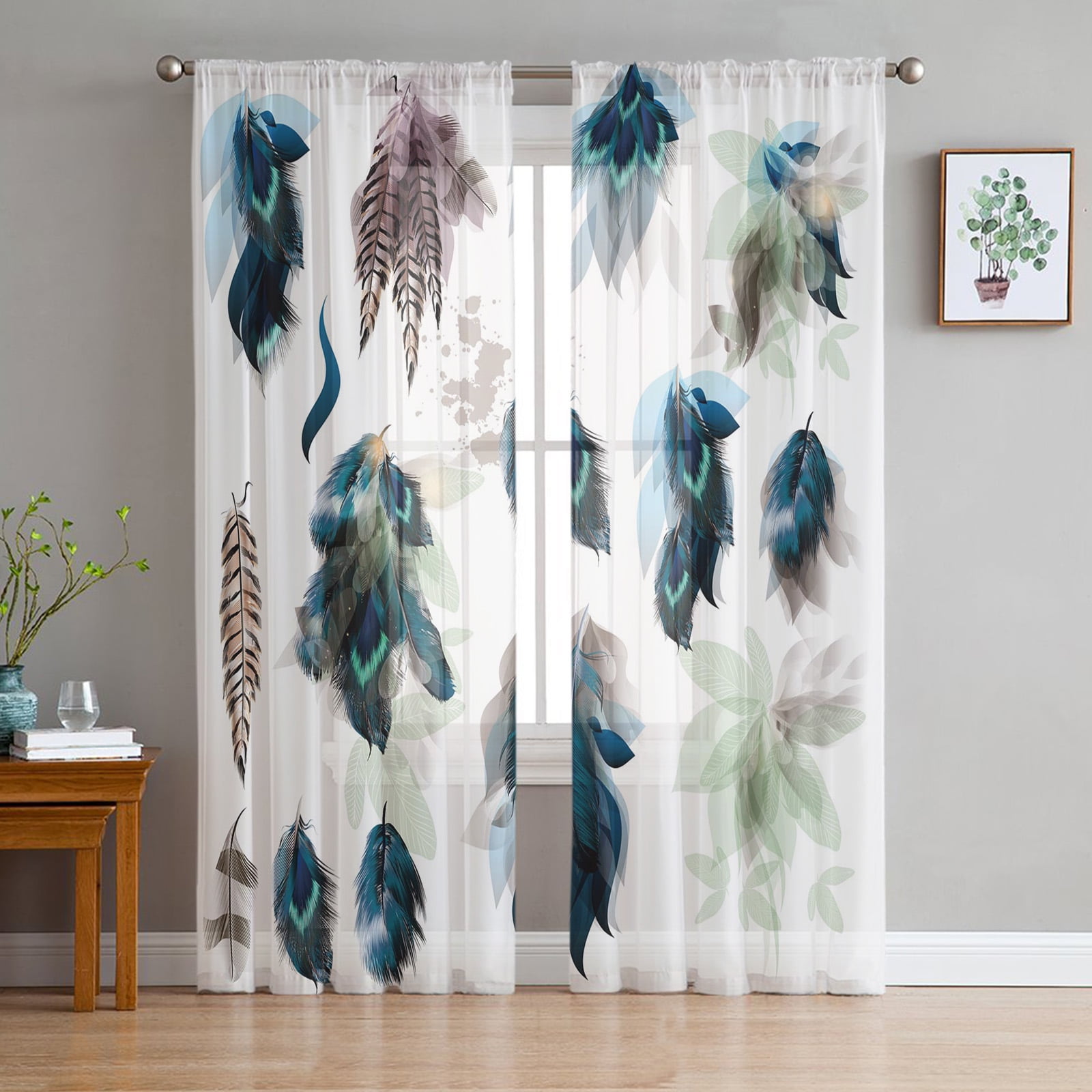 Black White Feather Indian Simple Tulle Curtains for Living Room ...