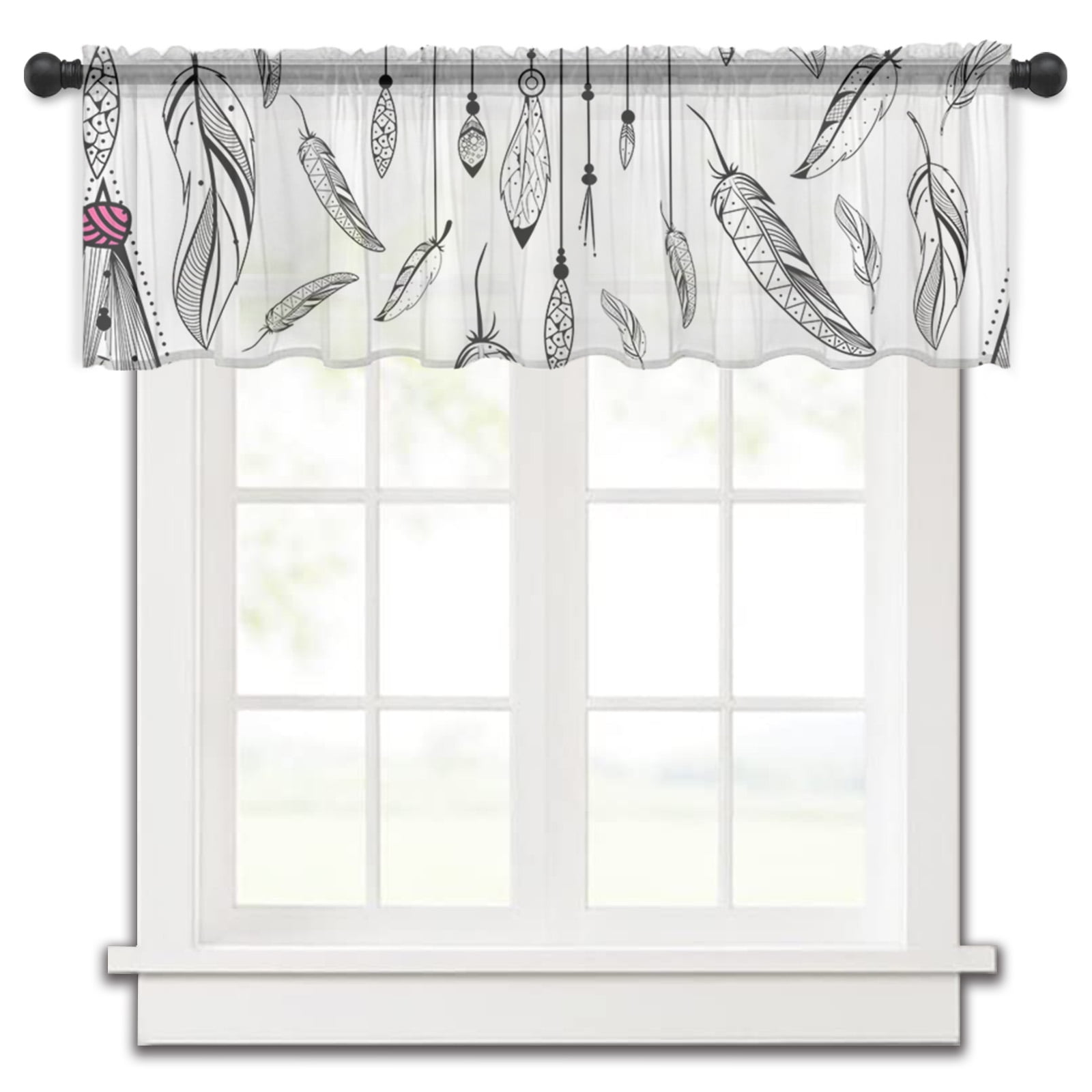 Black White Feather National Pattern Kitchen Small Curtain Tulle Sheer ...