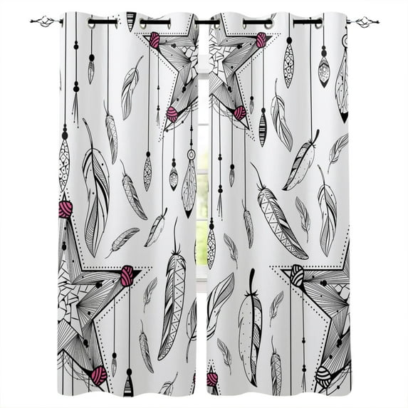 Black White Feather National Pattern Room Curtains Large Window Window ...