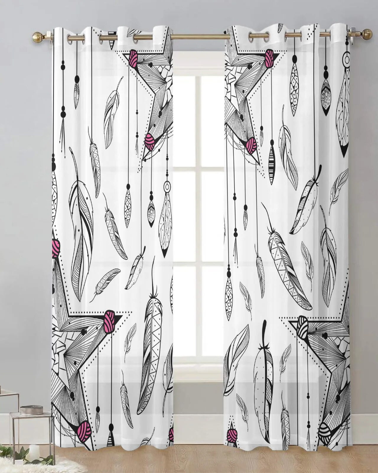 Black White Feather National Pattern Voile Hanging Curtain Living Room ...