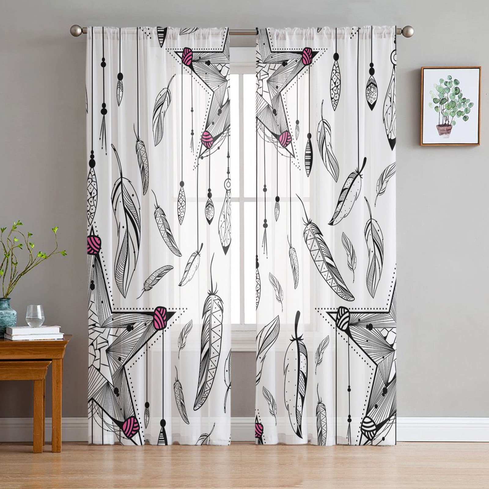 Black White Feather Pattern Texture Tulle In Sheer Curtains For Living ...