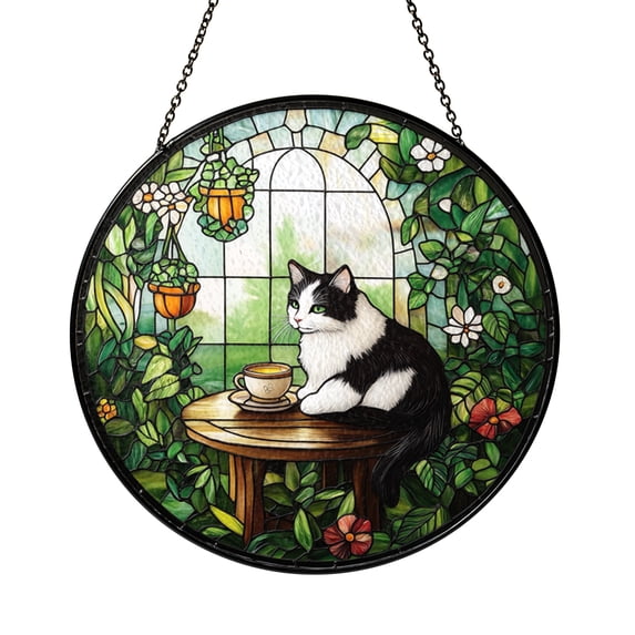 Black White Feline Window Suncatcher Hanging Decor, Stained Glass Style ...