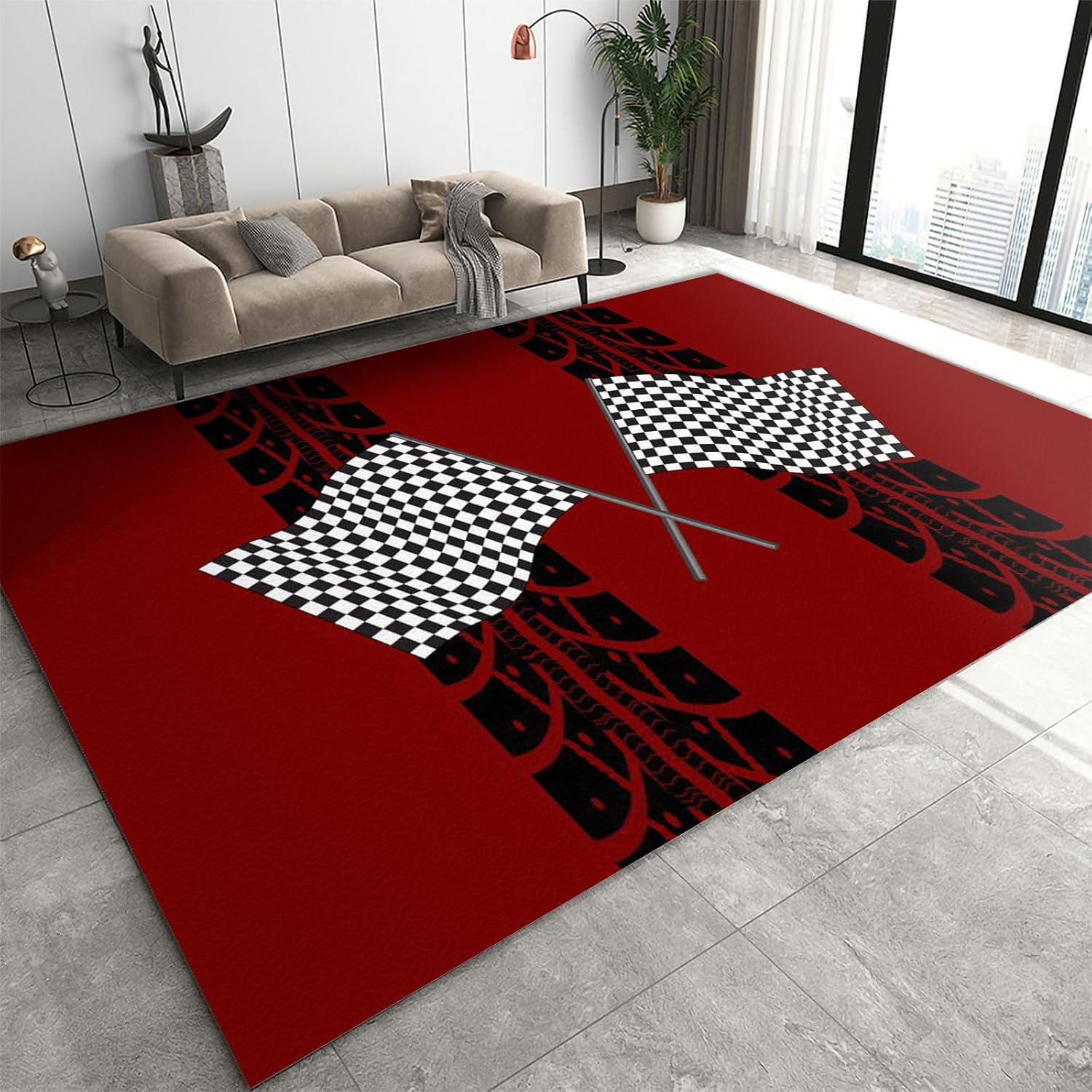 Black White Flag Checkered Rug, Black Tire Mark Red Non Slip Throw ...