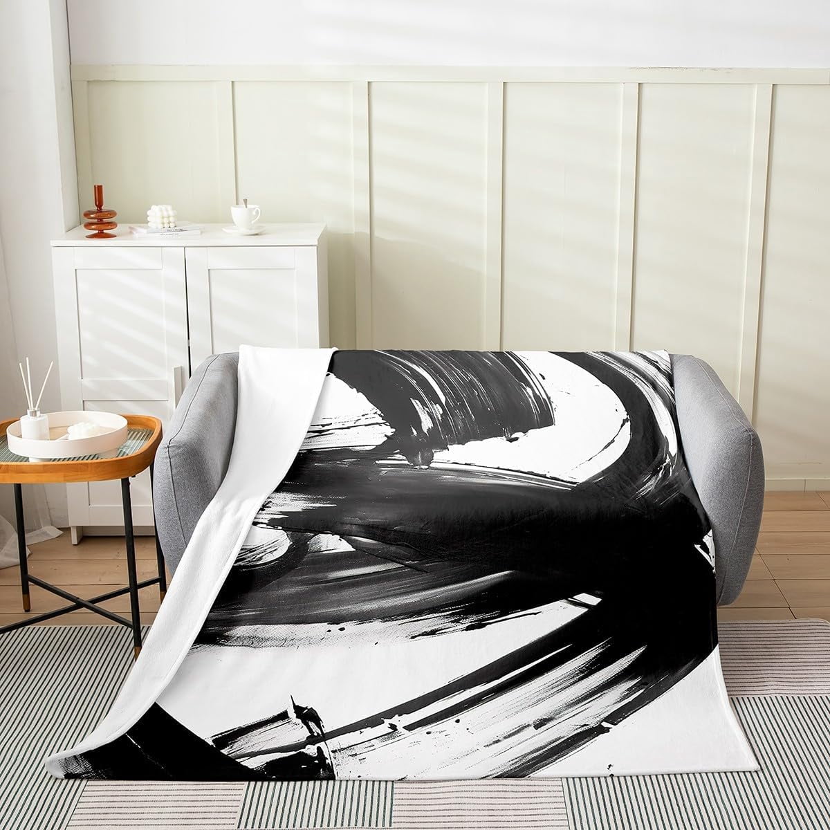 Black White Fleece Throw Blanket Twin 60"x80" Abstract Line Flannel ...