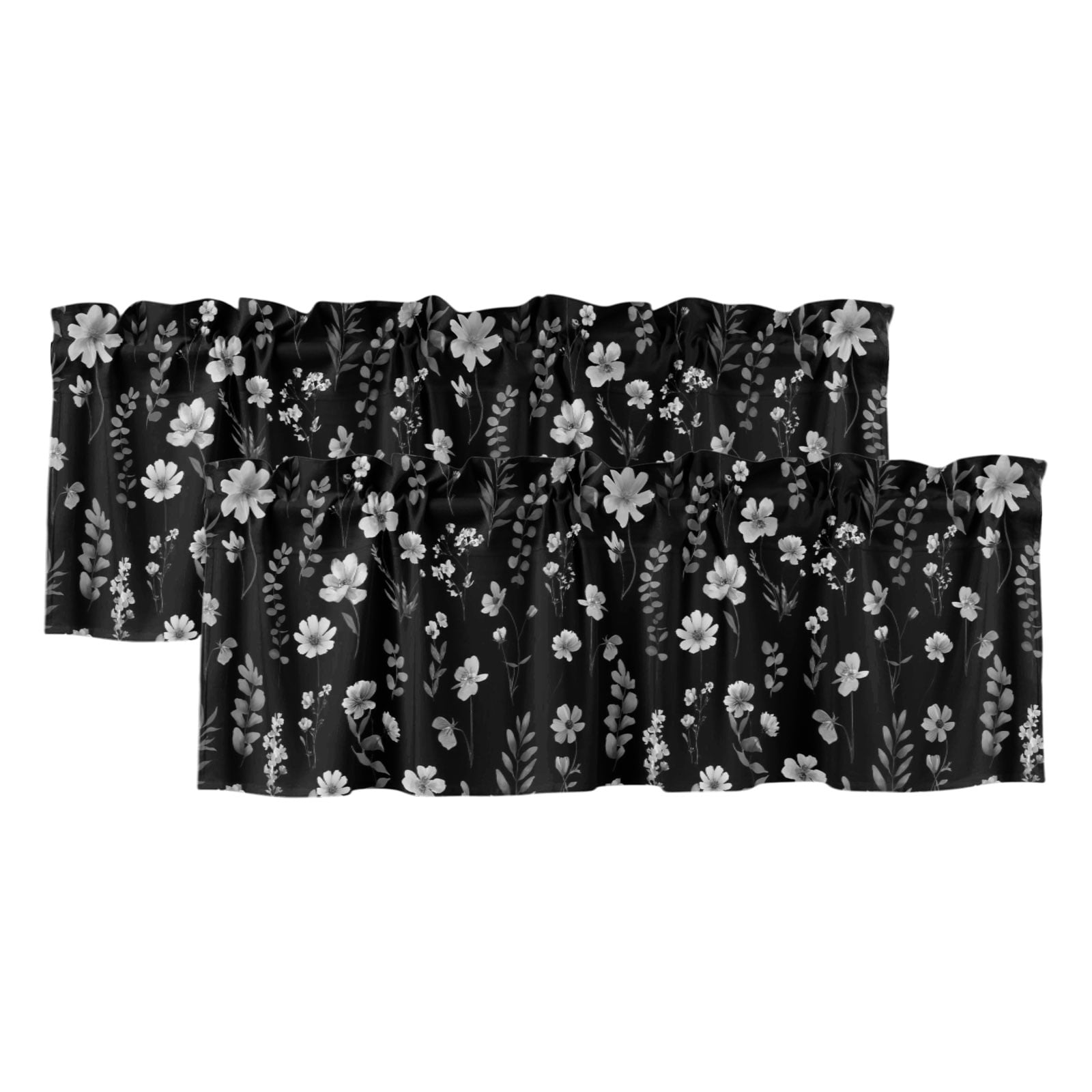 Black White Floral 2 Panels Kitchen Valance, Gray Leaf Watercolor ...