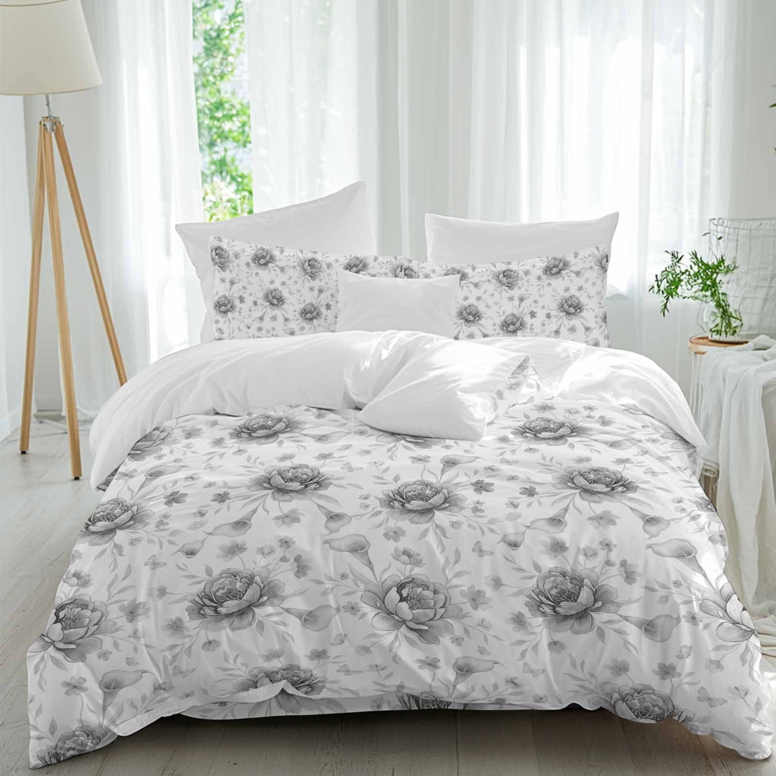 Black White Floral 4 Piece Duvet Cover Set Queen Size Watercolors ...