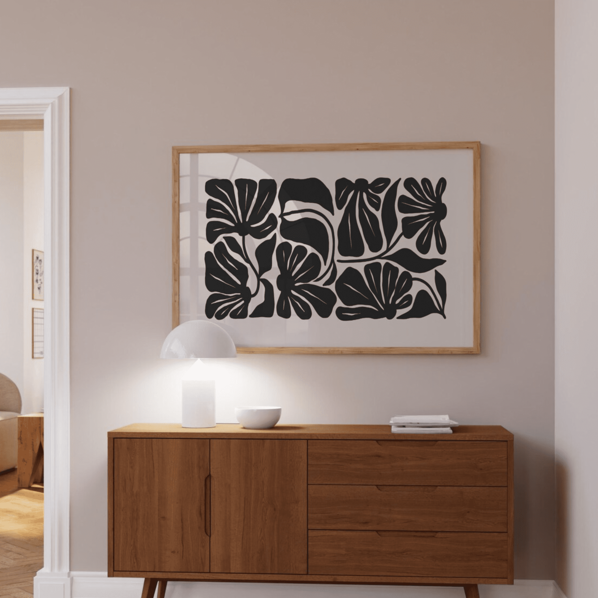 Black White Floral Abstract Japandi Minimalist Horizontal Wall Art ...