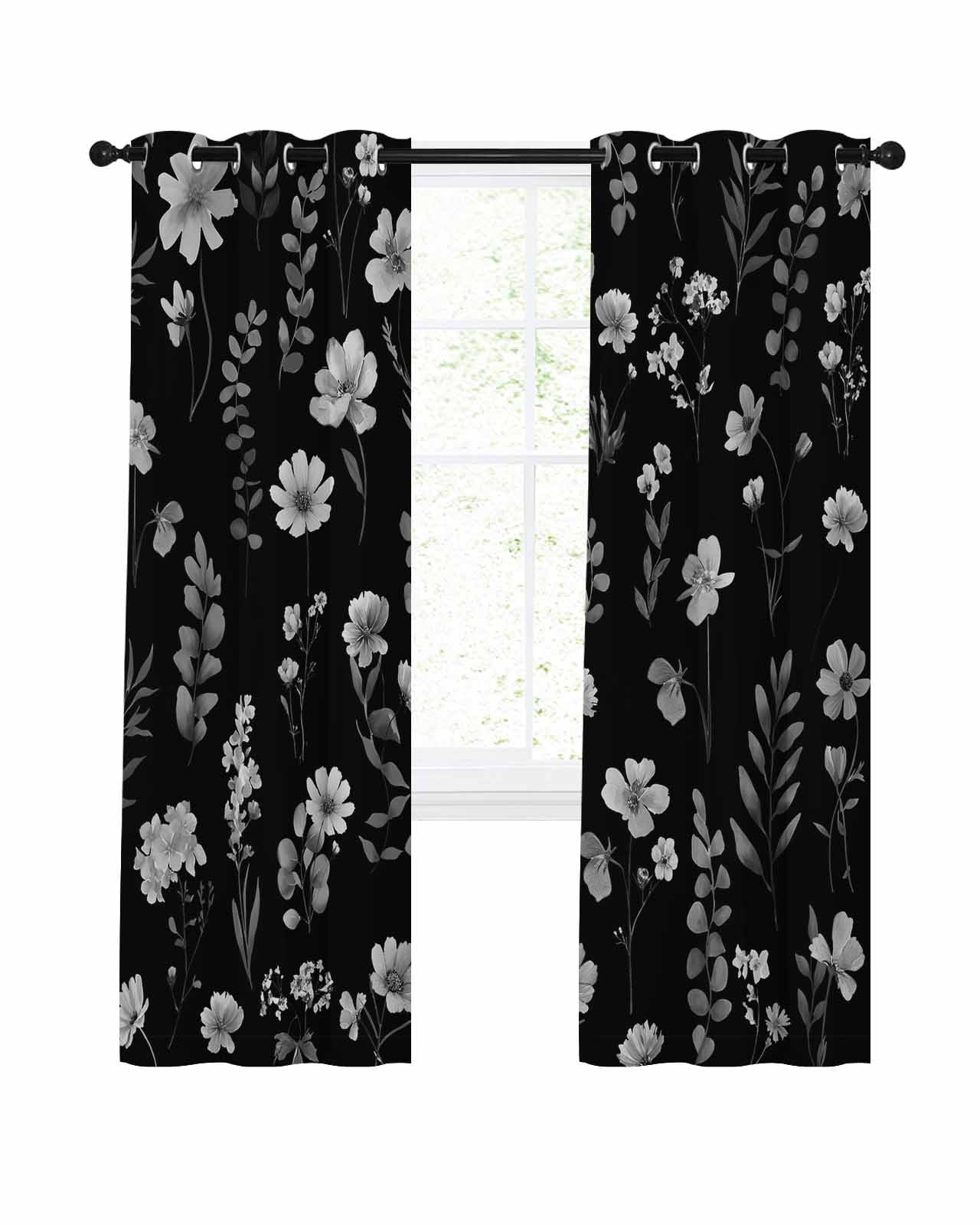 Black White Floral Blackout Curtains for Bedroom Living Room, Gray Leaf ...