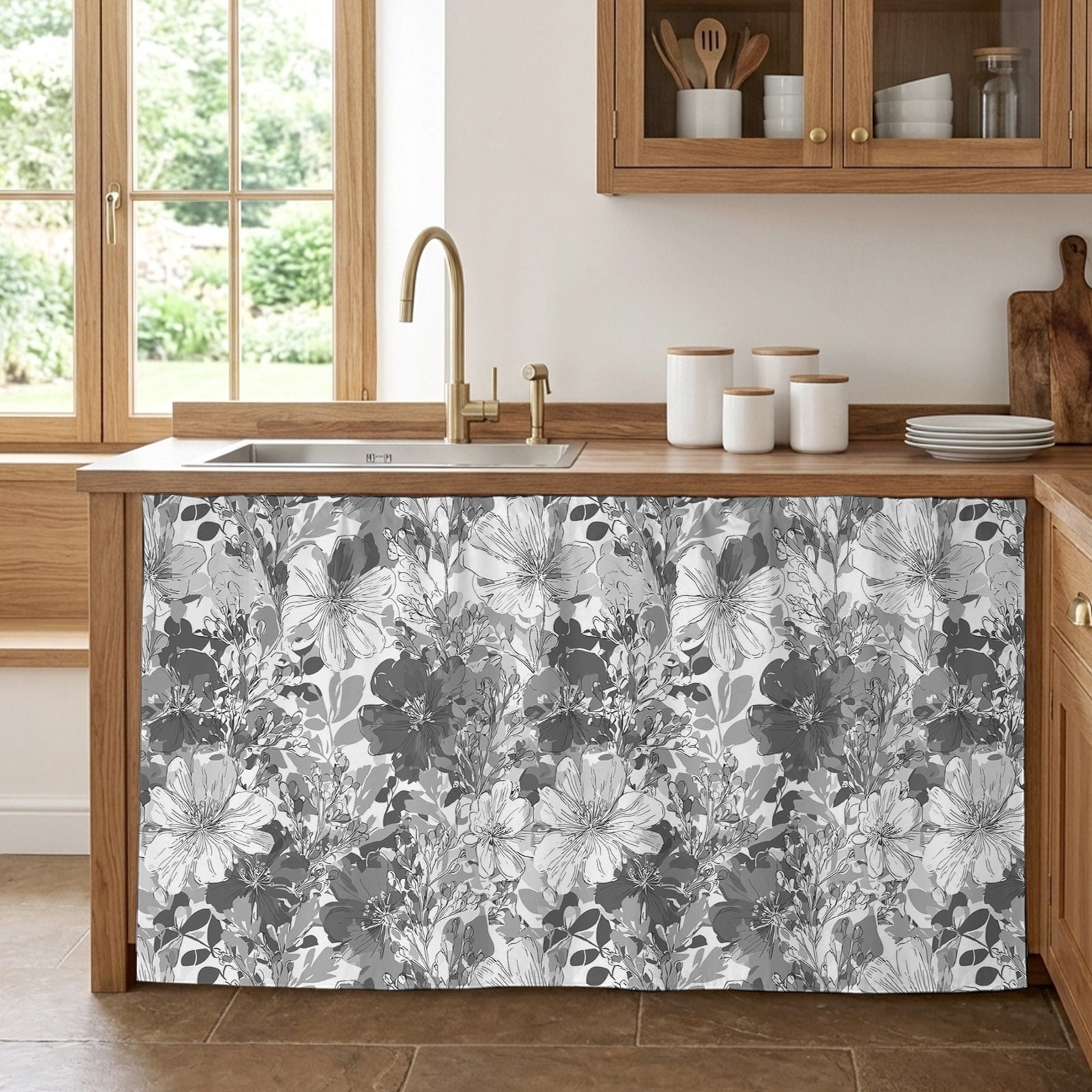 Black White Floral Cabinet Curtains 32" W x 55" L Watercolor Spring ...
