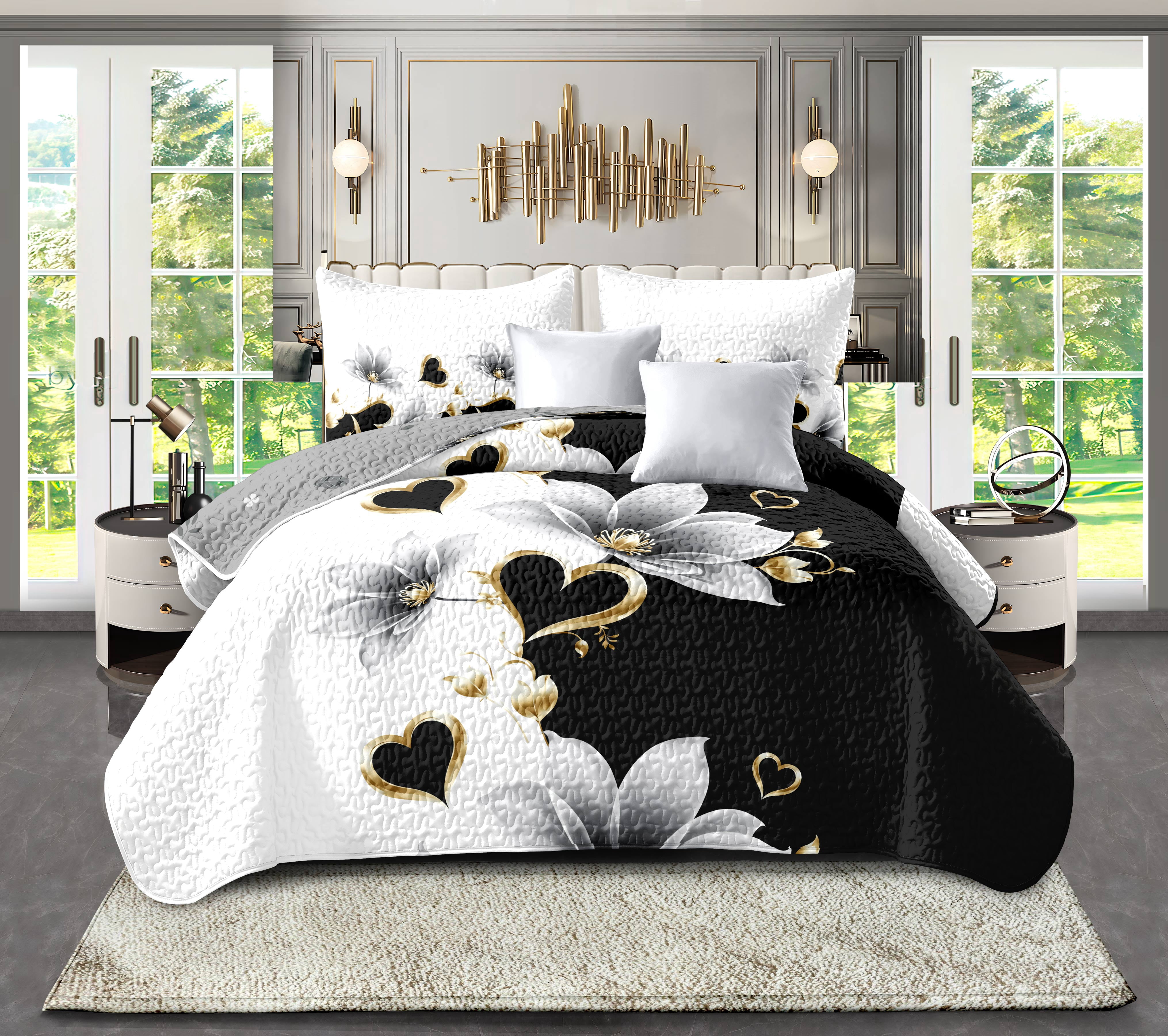 Black and White Floral Comforter Set, 4-Piece Bamboo Polyester Bedding ...
