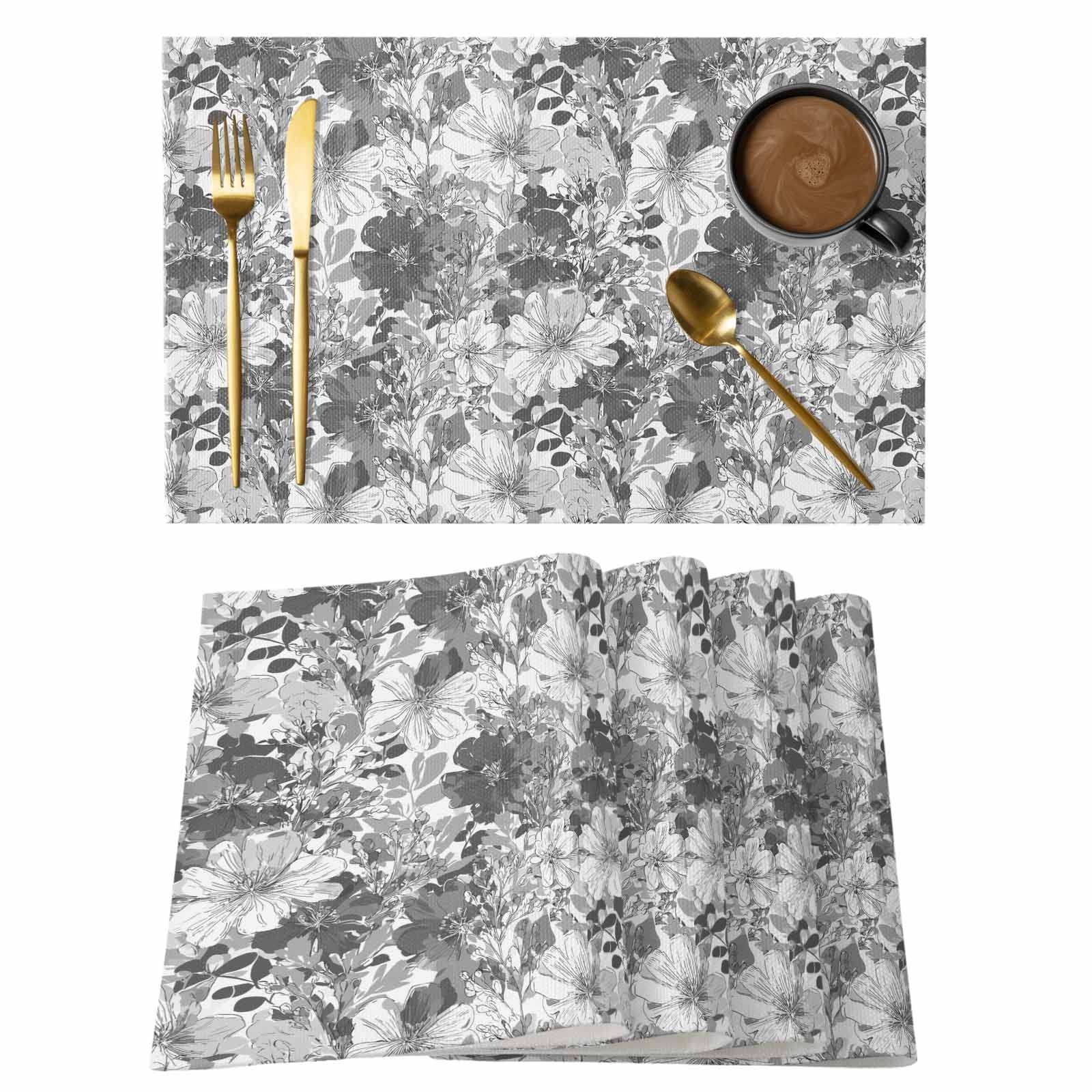 Black White Floral Cotton Linen Placemats Set of 2, Watercolor Spring ...