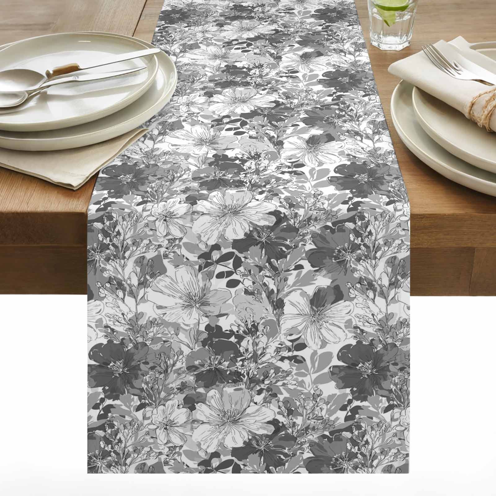 Black White Floral Cotton Linen Table Runner Watercolor Spring Black ...