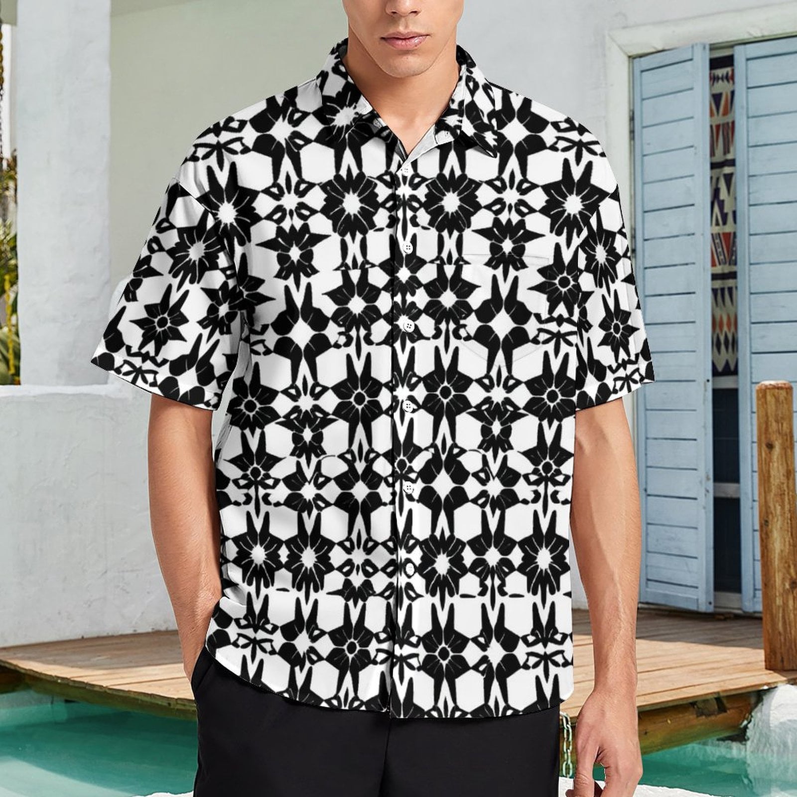 Black White Floral Geometric Pattern Repeat Male Retro Print Casual ...
