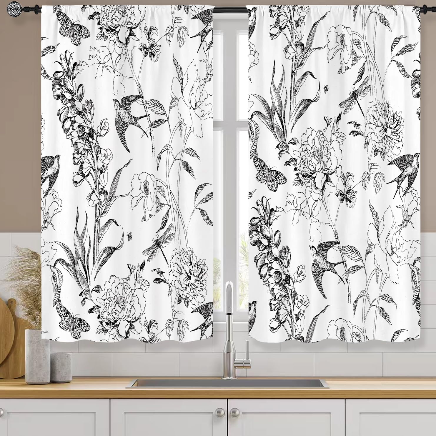 Black White Floral Kitchen Curtains Rod Pocket Branch Sketch Flower ...