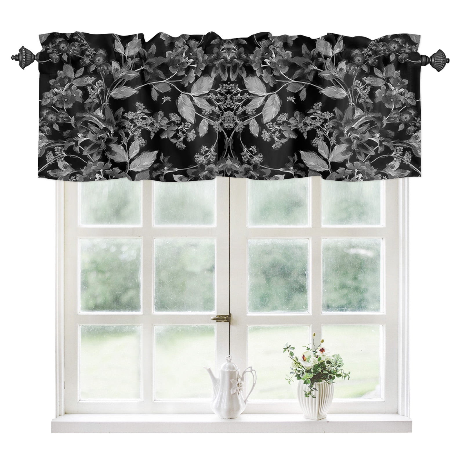 Black and White Floral Kitchen Valances for Windows 42x12 Inch Kitchen ...