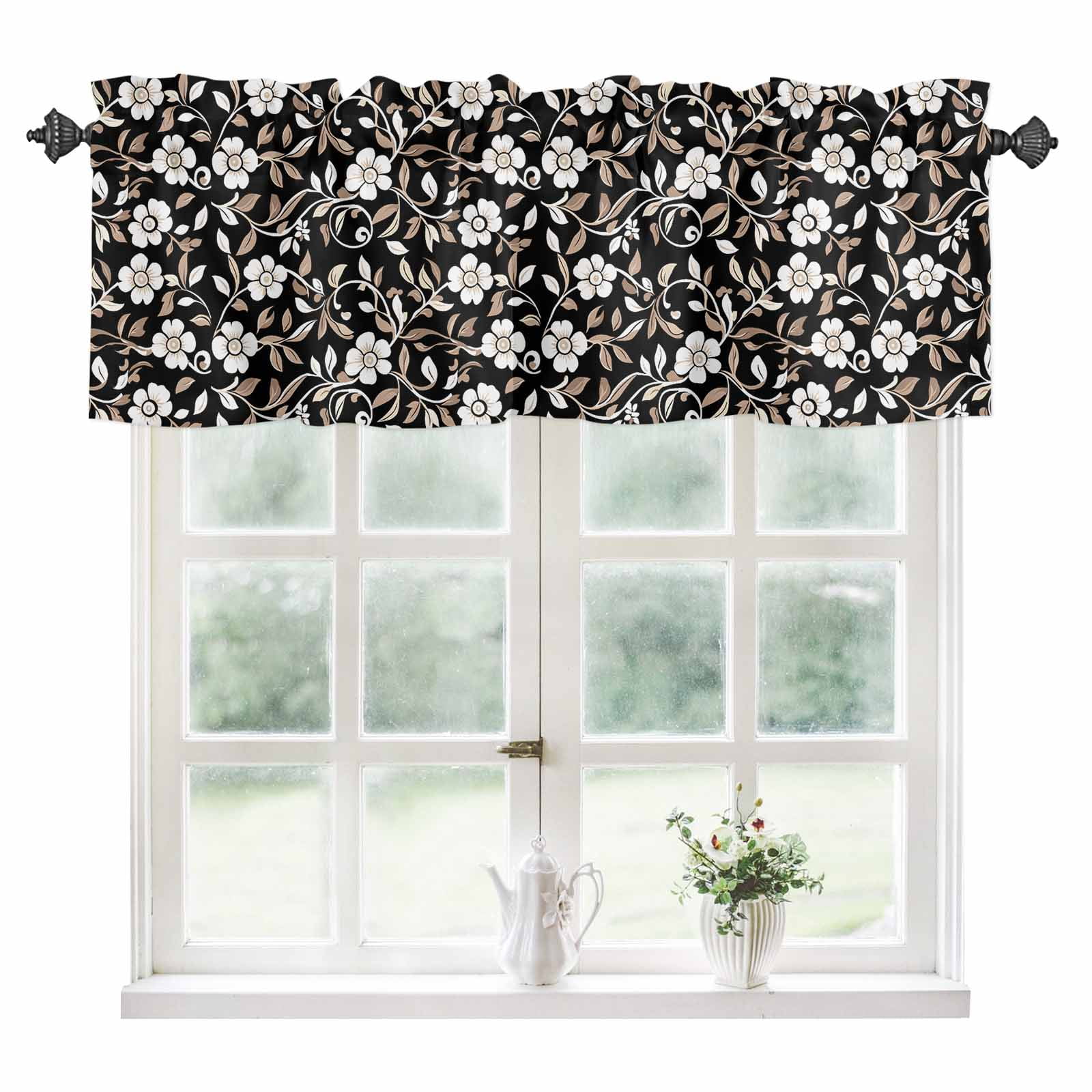 Black White Floral Kitchen Valances for Windows 60x18 Inch Kitchen ...
