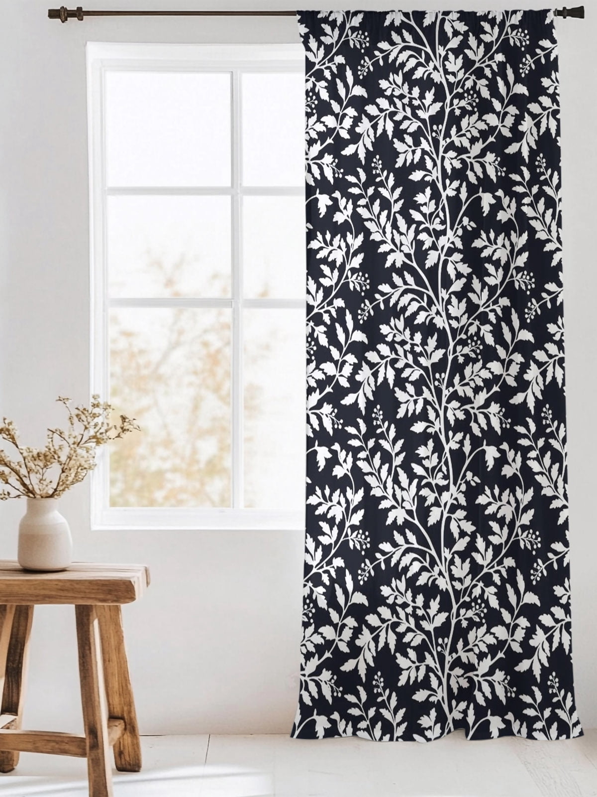 Black White Floral Leaves Sheer Curtains 108 Inch Long 1 Panel Leaf ...
