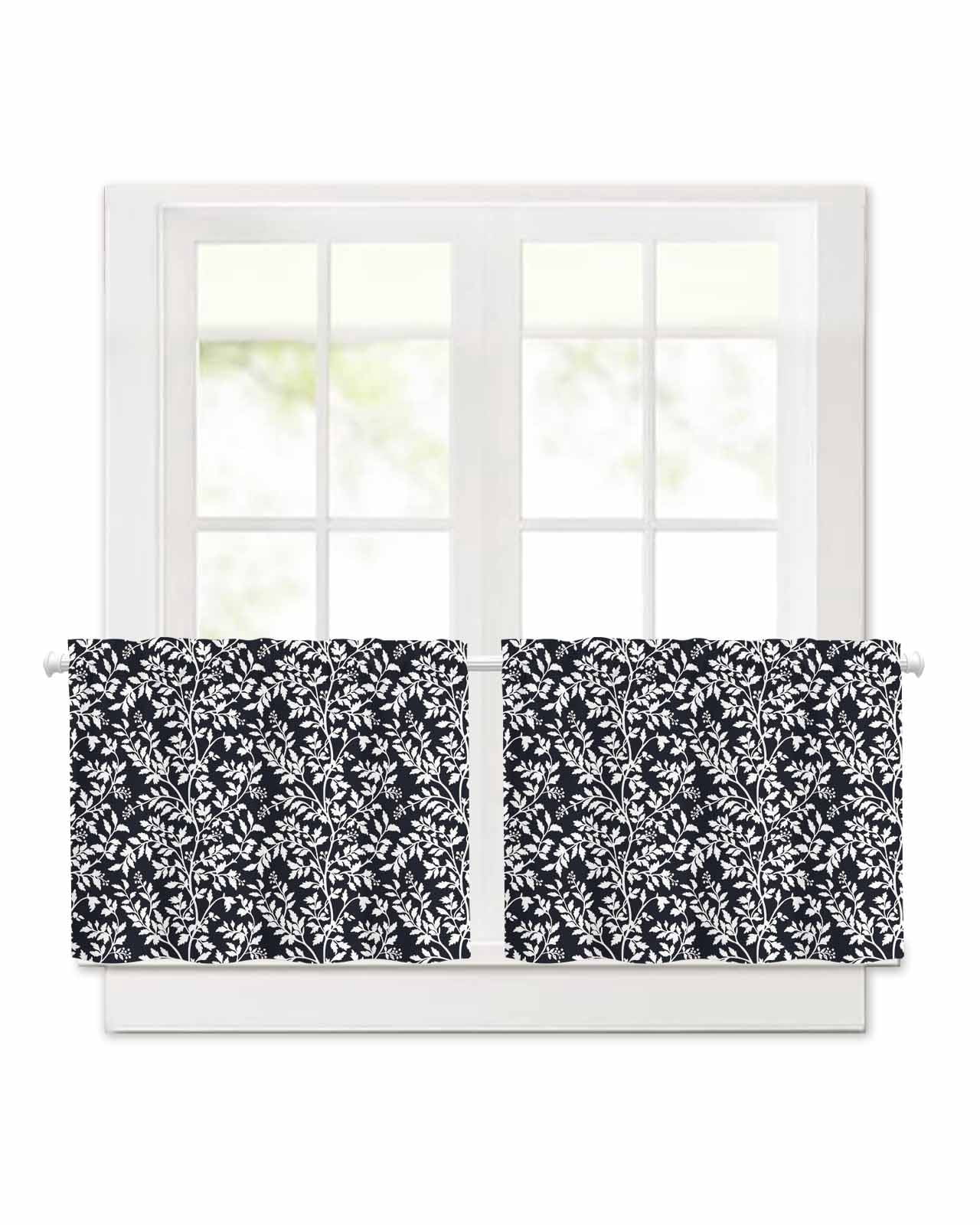 Black White Floral Leaves Short Blackout Curtains 24 Inch Long Leaf ...