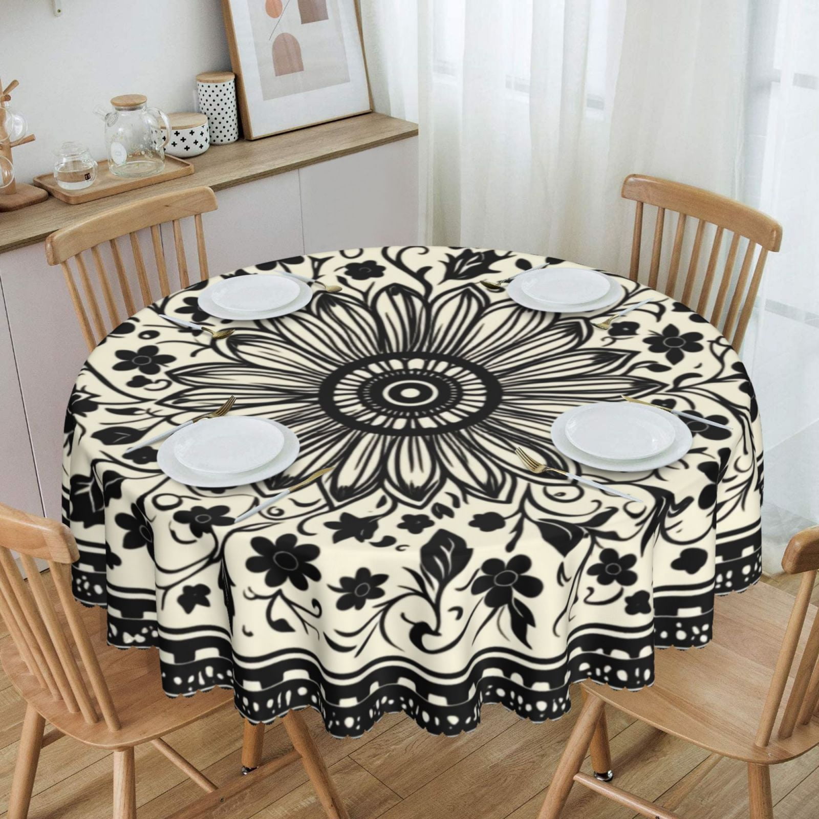 Black And White Floral Mandala, Folk Art Sunflower With ...
