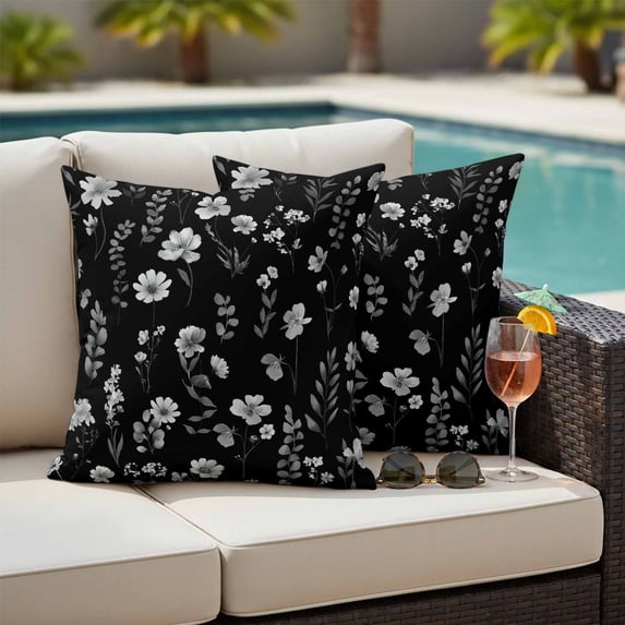 Black White Floral Outdoor Waterproof Throw Pillow Covers Set of 2, 16 ...